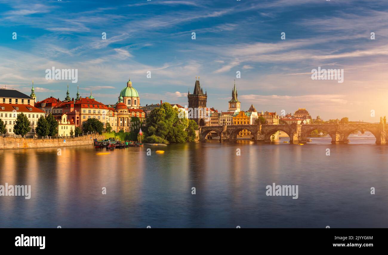 Charles Bridge sunset view of the Old Town pier architecture, Charles ...