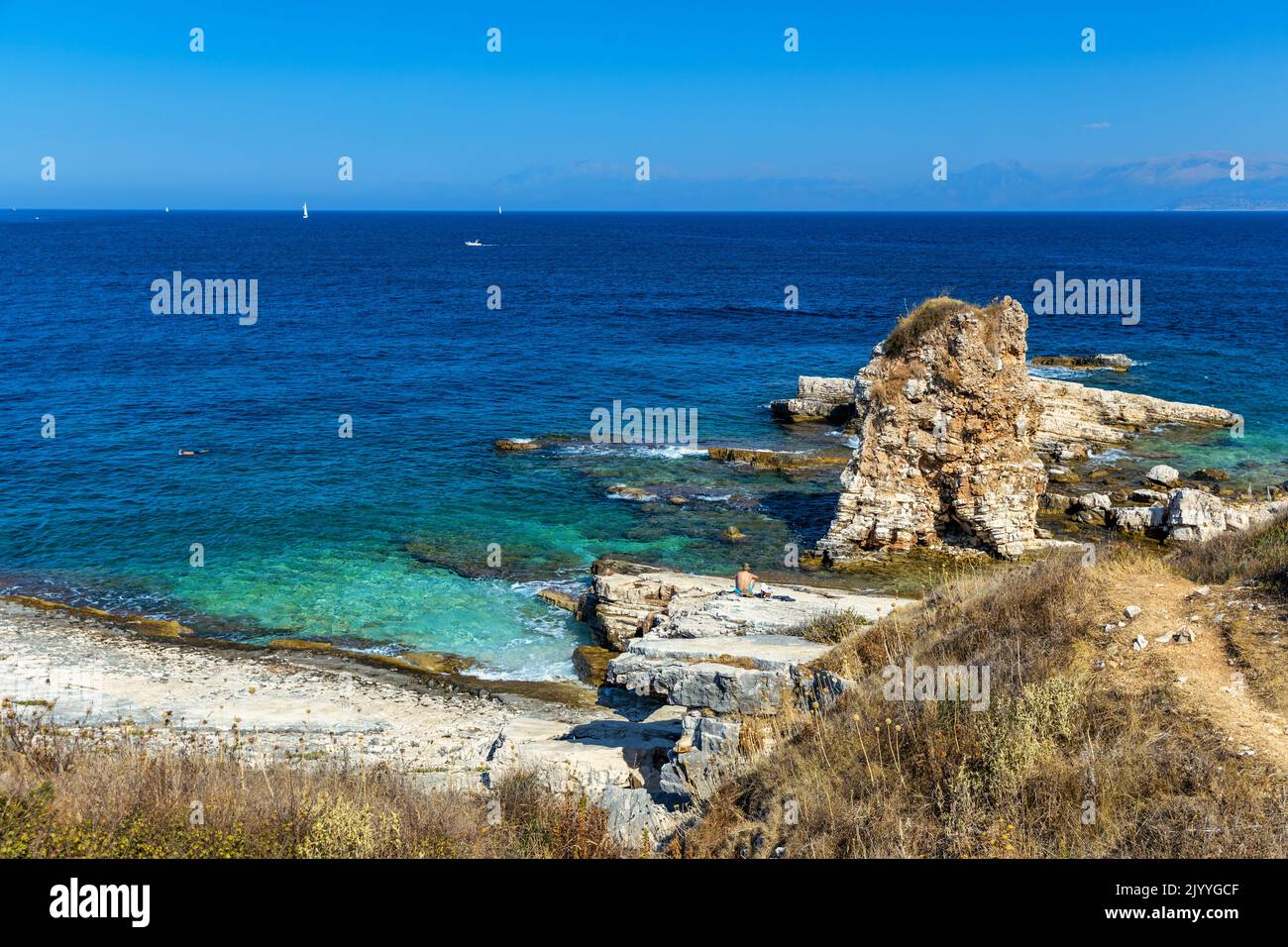 View north east coast with Kanoni and Mpataria beach, Island of Corfu ...