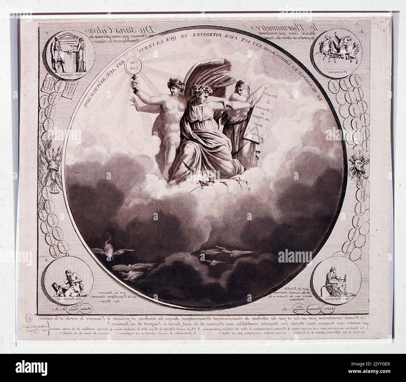 Engraving depicting angels in the sky surrounded by an ornate frame ...