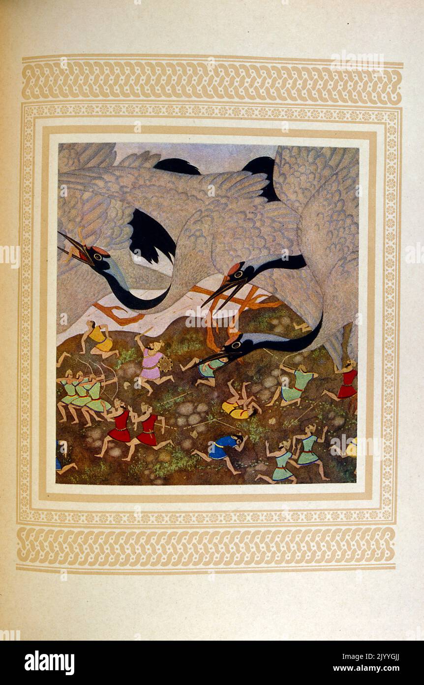 Coloured Illustration of large white birds chasing people through the ...