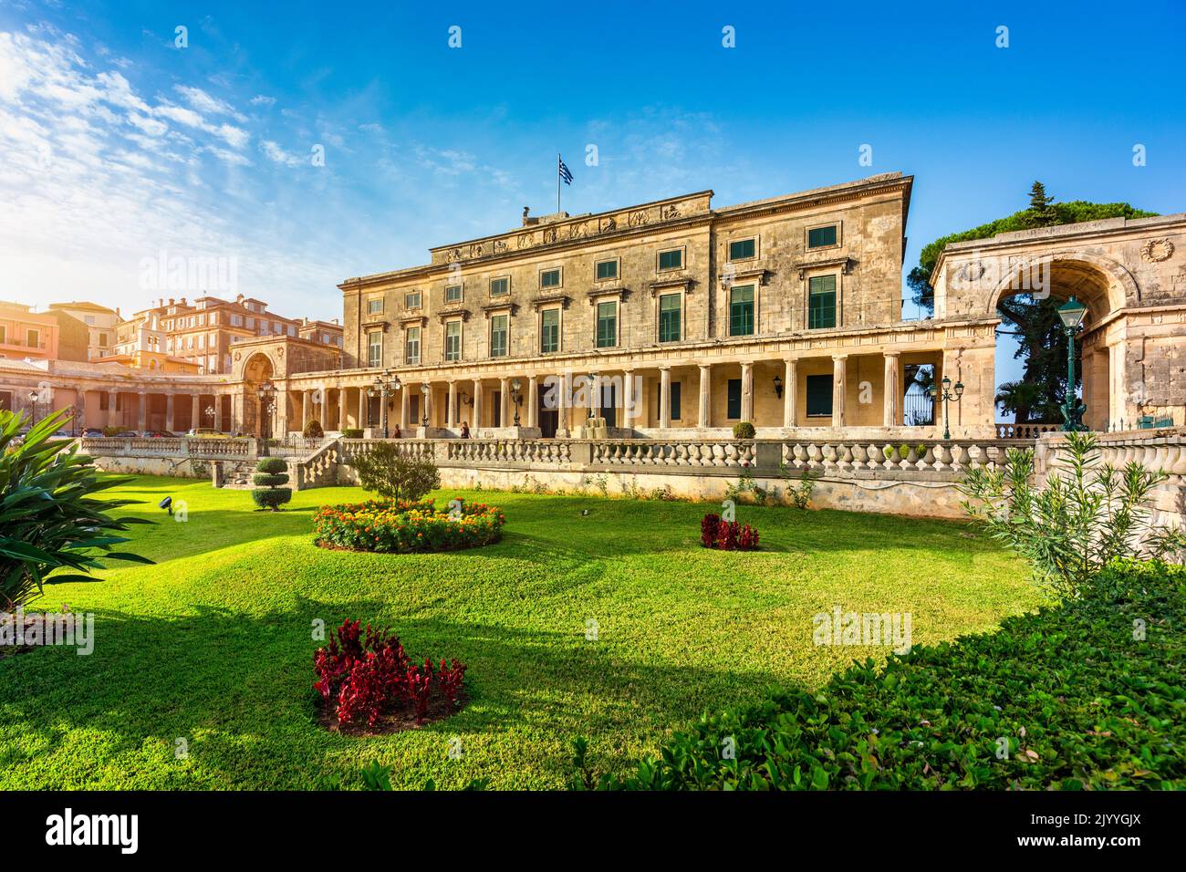 Museum of Asian Art. Colorful morning cityscape of Corfu Town, capital ...