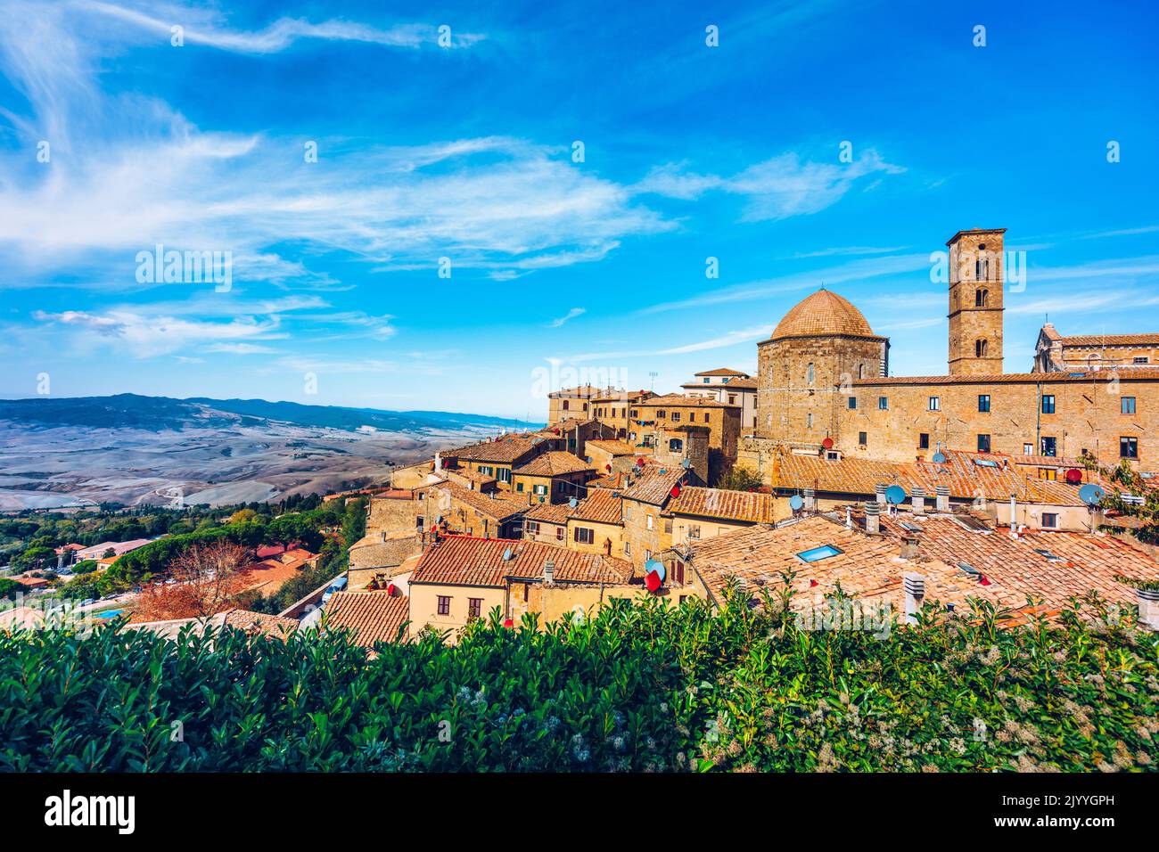 Tuscany, Volterra town skyline, church and panorama view. Maremma ...