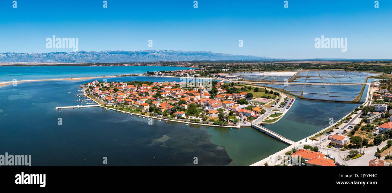 Historic town of Nin laguna aerial view with Velebit mountain ...