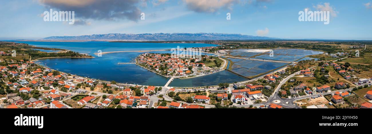 Historic town of Nin laguna aerial view with Velebit mountain ...