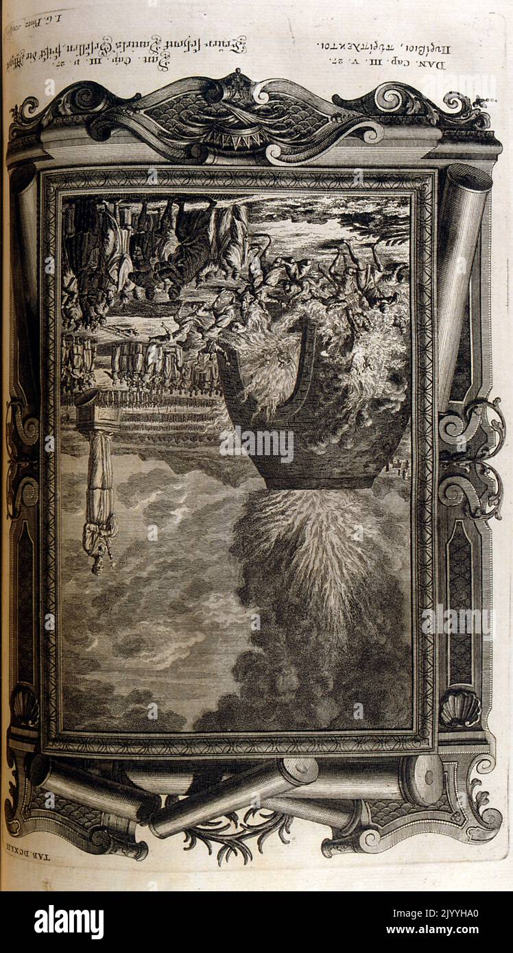 Engraving depicting an explosion of a furnace with people running for ...