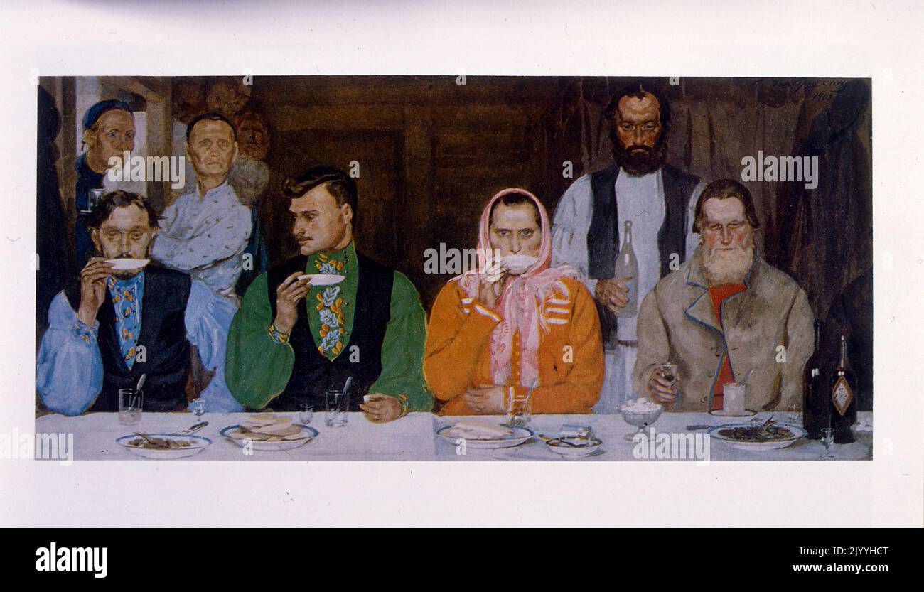 Watercolour painting depicting an Eastern European family eating at a ...