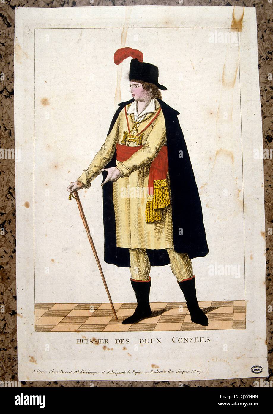 Coloured print depicting the bailiff of the two advisors, wearing 18th ...