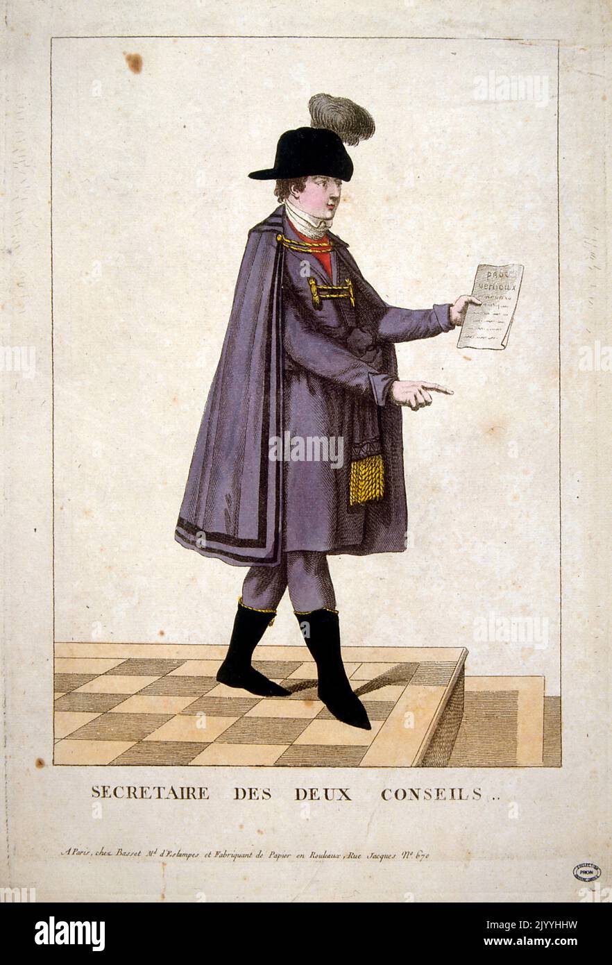 Coloured print depicting the secretary of the two advisors, wearing ...