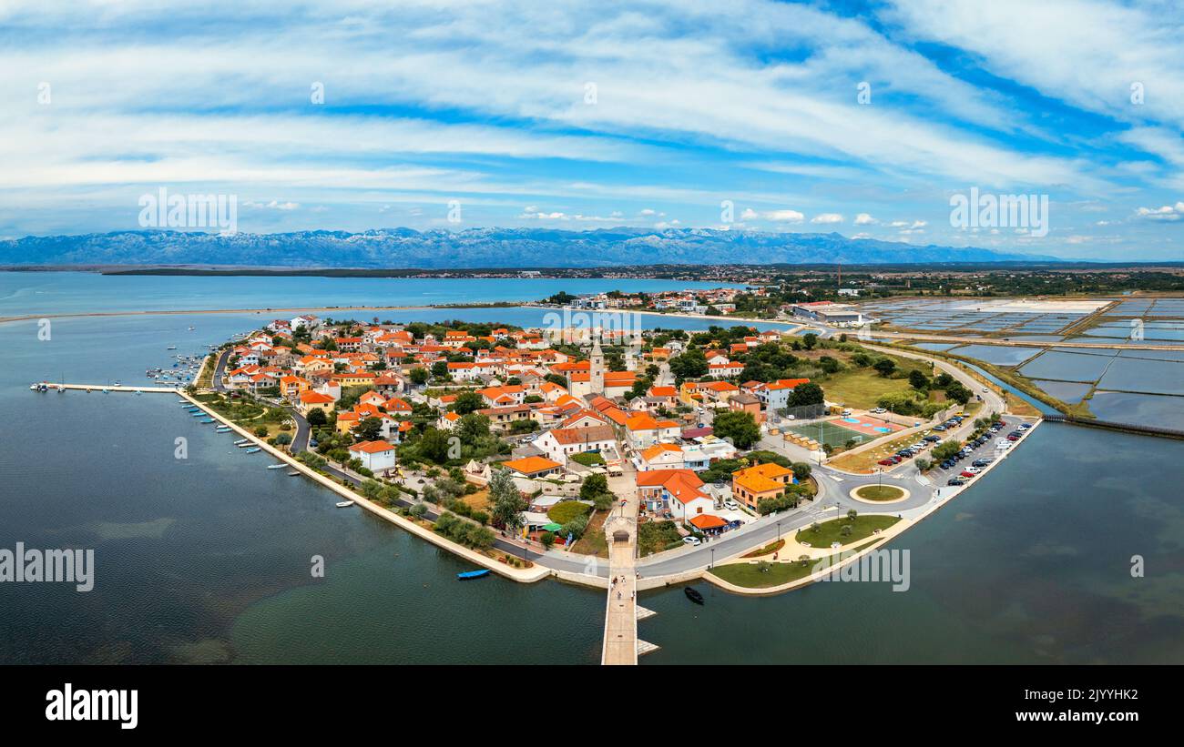 Historic town of Nin laguna aerial view with Velebit mountain ...