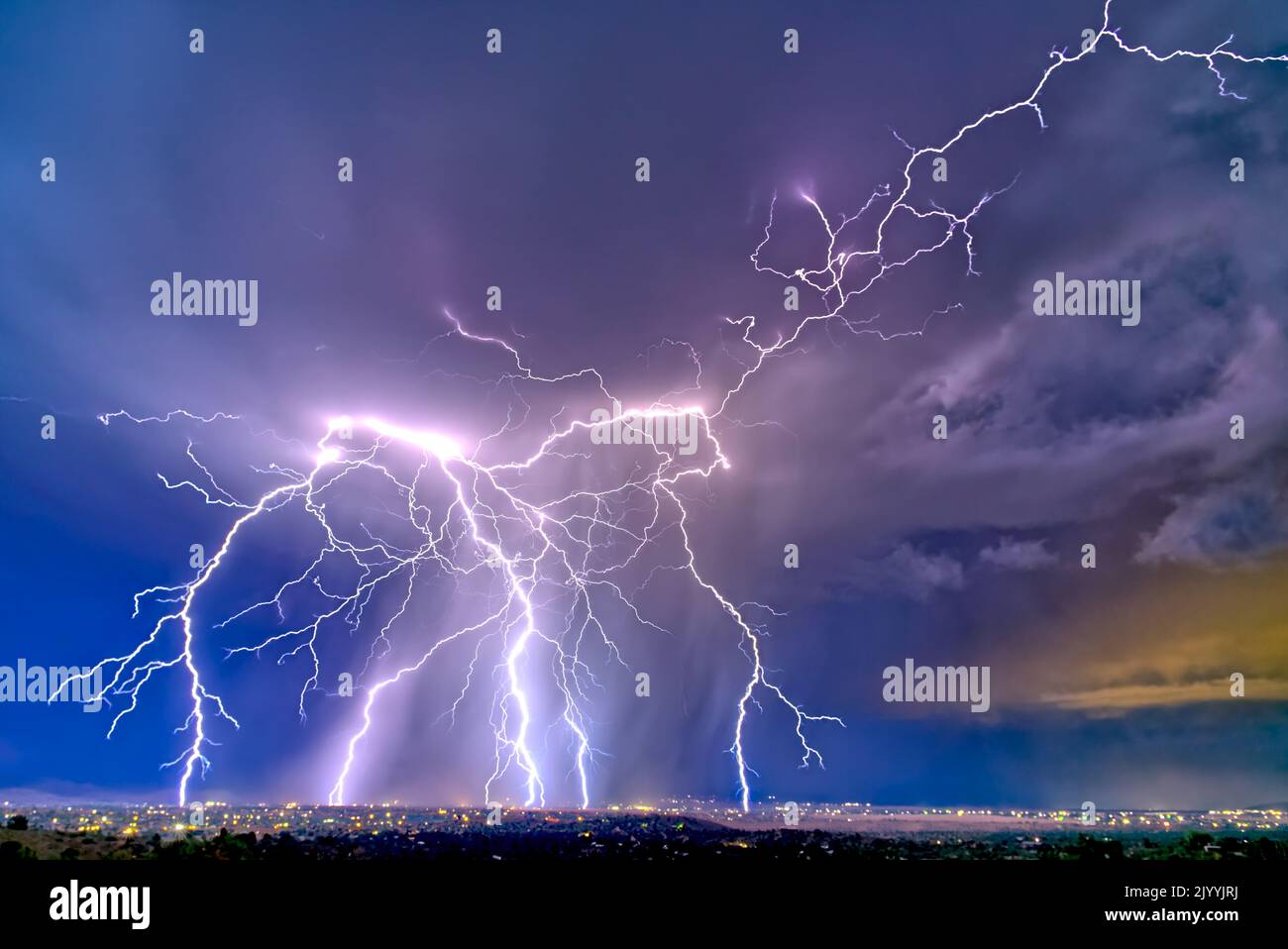 A burst of lightning bolts over the Arizona town of Chino Valley during ...