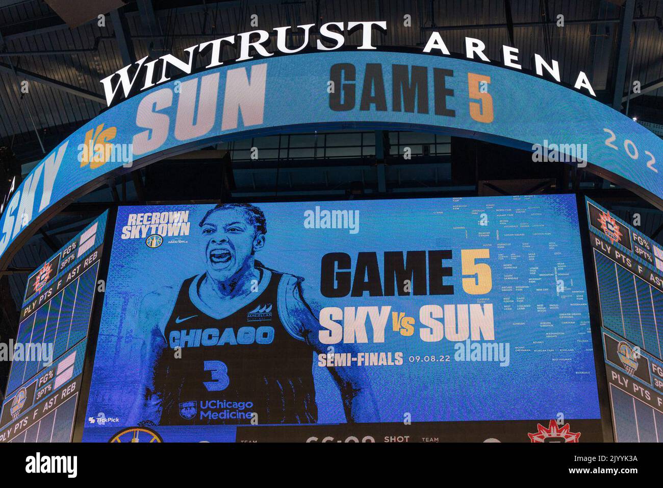 Chicago, USA. 08th Sep, 2022. Wintrust Arena jumbotron displays graphic ...