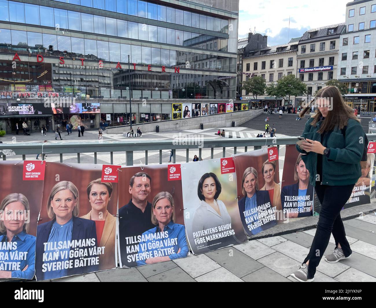 Stockholm, Sweden. 7th Sep, 2022. A woman walks past election campaign ...