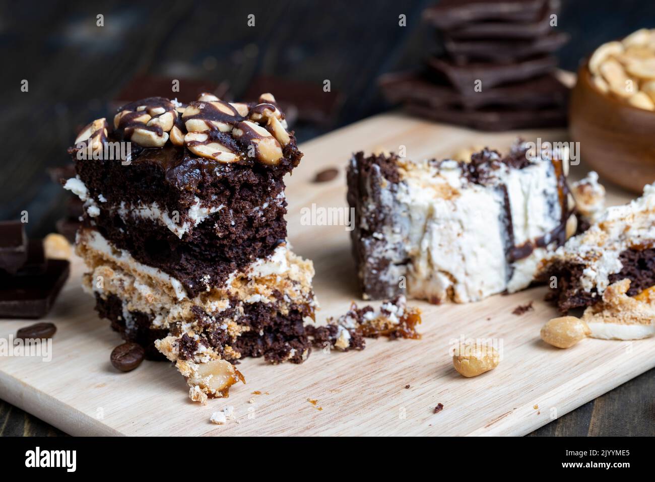 chocolate cake with nut filling and peanuts, dessert of chocolate cake ...