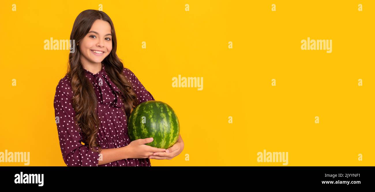 watermelon on yellow background. kid with fruit. healthy food for ...