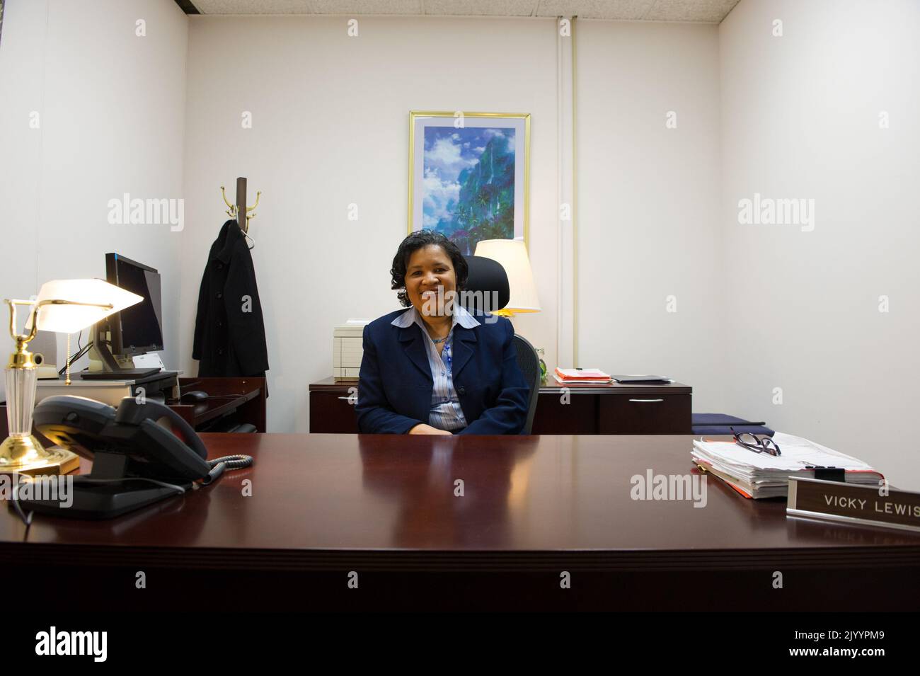 Desk shot of Vicky Lewis, Assistant Executive Secretary, Executive ...