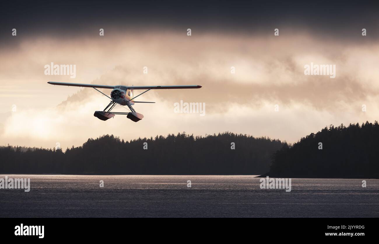 Seaplane Flying over the West Coast Pacific Ocean. Adventure Composite ...