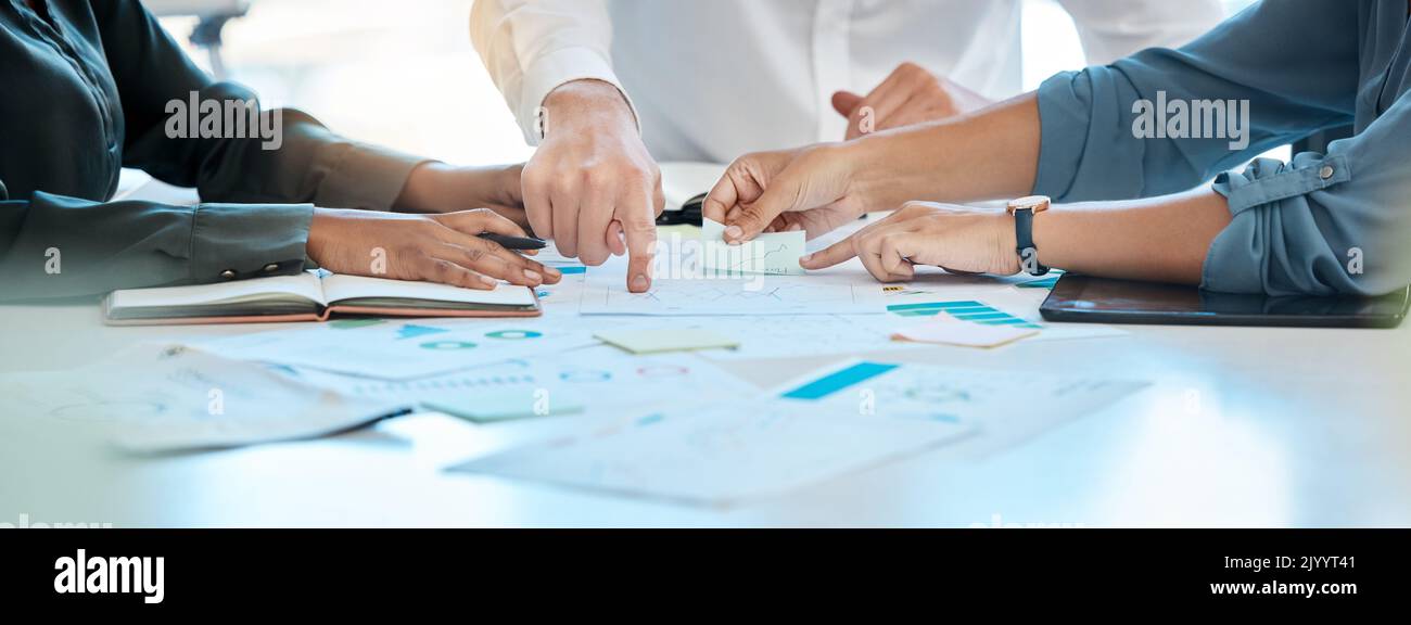 Business teamwork hands, paperwork graphs and planning annual report data, research and office ...