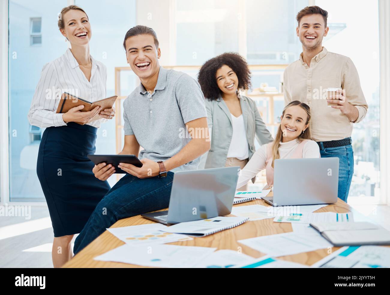 Project management, digital marketing and collaboration team or business people with laptop ...