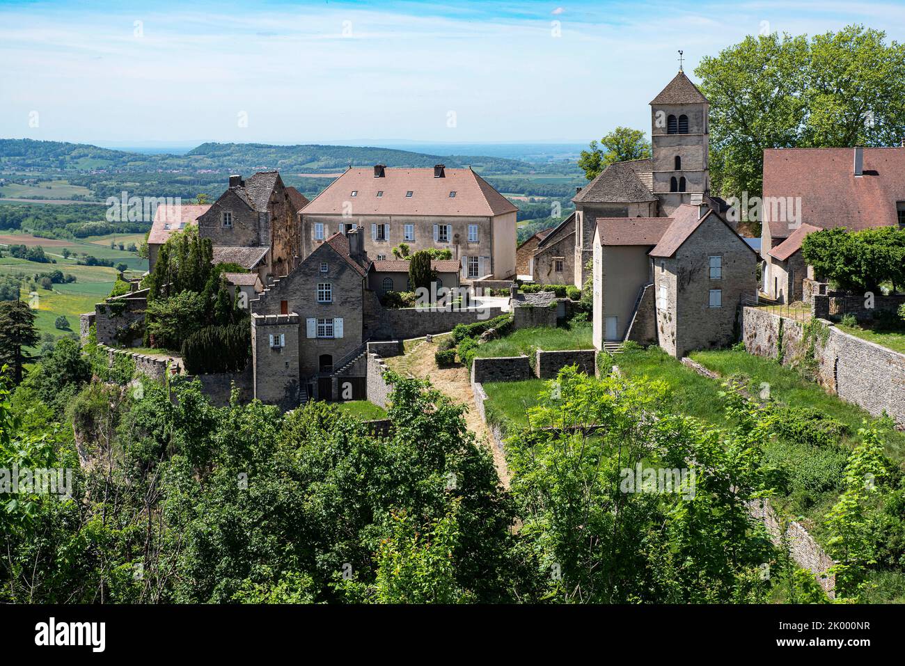 Perched village of Château Chalon in the Jura in France, terraced ...