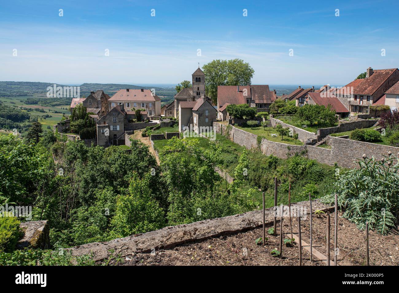 Perched village of Château Chalon in the Jura in France, terraced ...