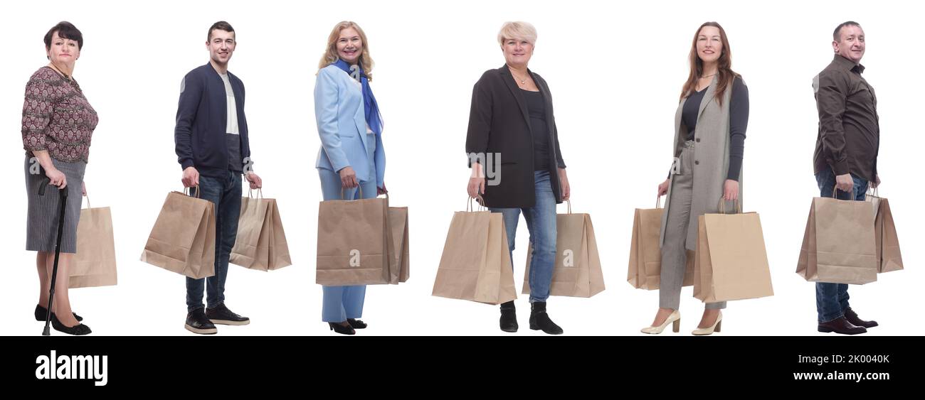 a line of people with shopping bags isolated Stock Photo - Alamy