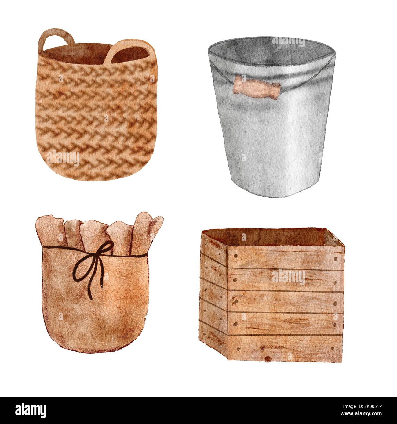 Watercolor hand drawn illustration of beige bwon natural container ...