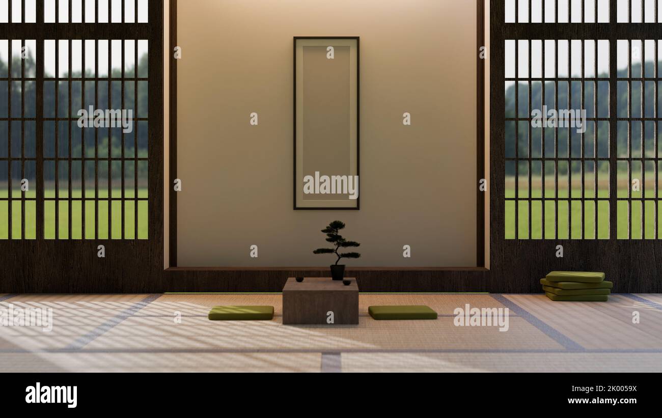 Traditional Japanese zen living room interior style with wood coffee ...