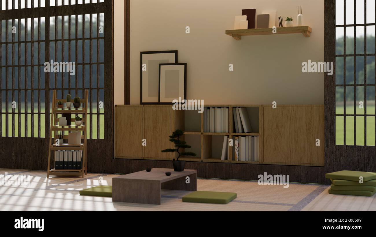Living room in Traditional Japanese zen style interior with wood coffee ...