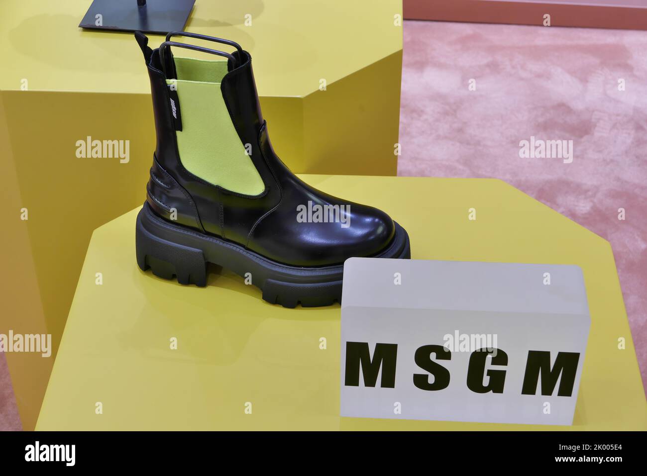 MSGM BOOTS ON DISPLAY INSIDE A FASHION STORE Stock Photo - Alamy