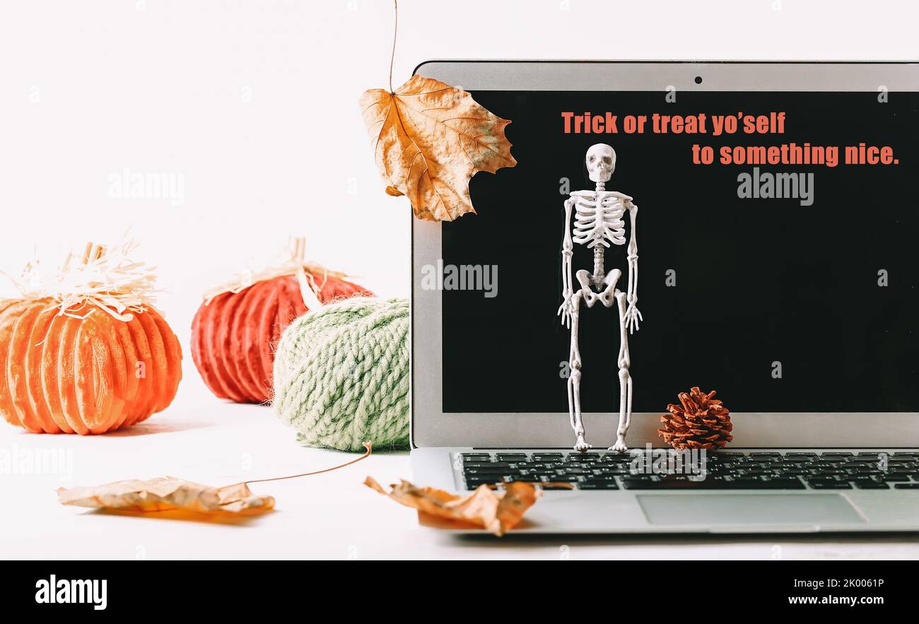 Autumn mockup. Halloween sale. Notebook skeleton autumn leaves Stock ...