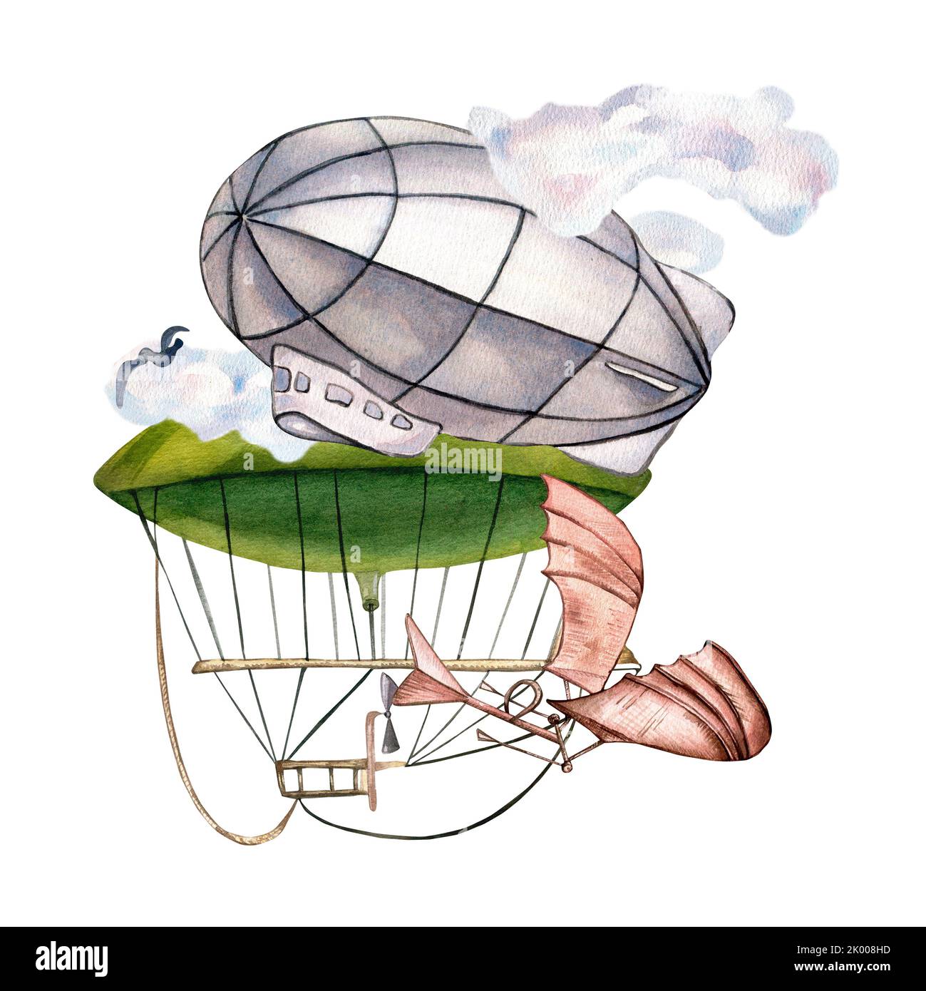 Composition of ancient aircraft watercolor illustration isolated on ...