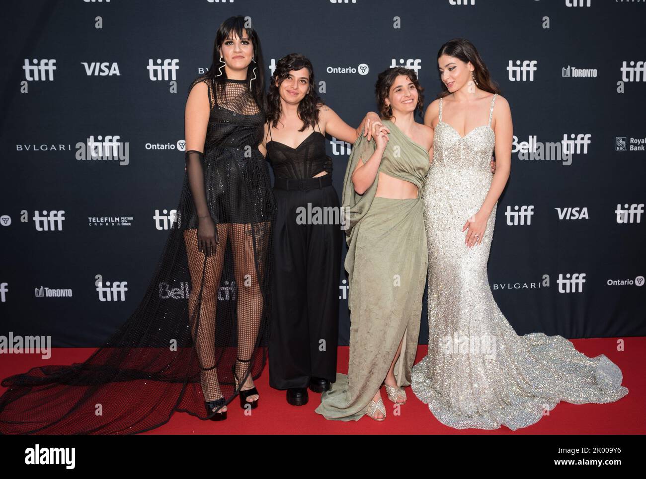 (L-R) Sara Mardini, actors and sisters Manal Issa and Nathalie Issa, and Yusra Mardini, pose for ...