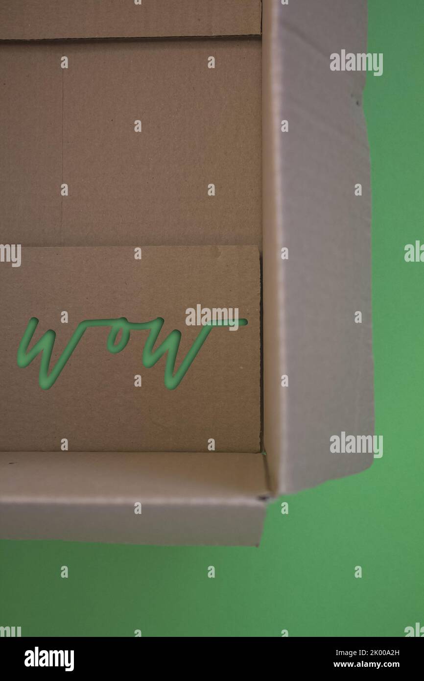 Wow word with cardboard box. Brown folded card box Stock Photo - Alamy