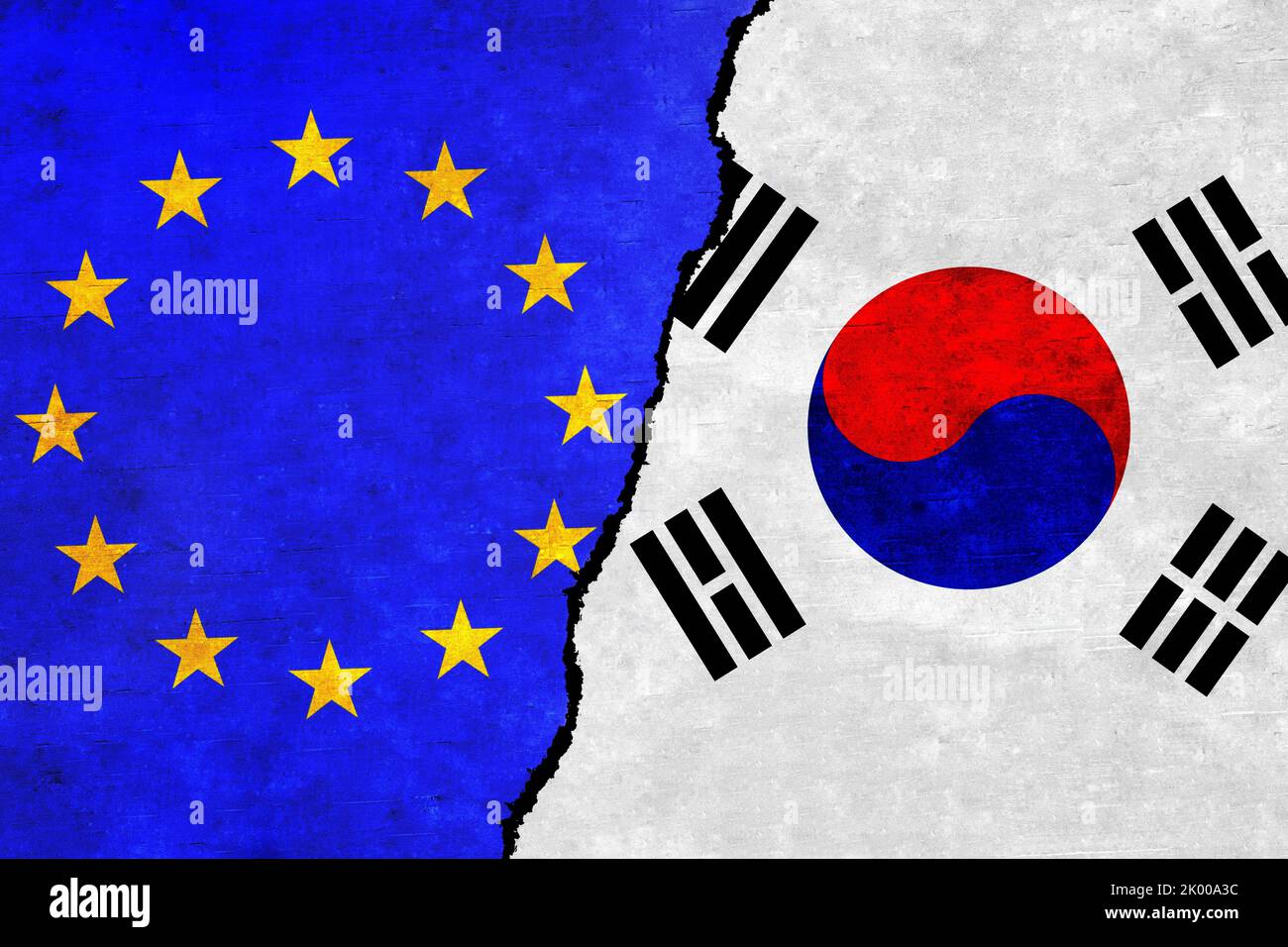South Korea and European Union flags together. EU South Korea alliance, politics, economy, trade ...