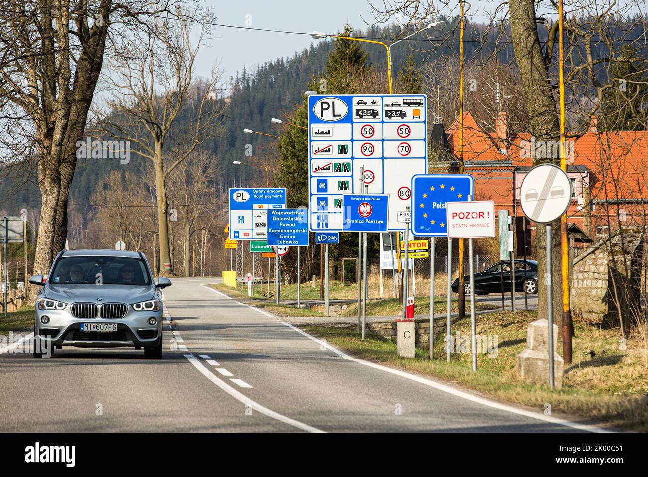 Road signs informing about the traffic regulations in Poland seen at ...
