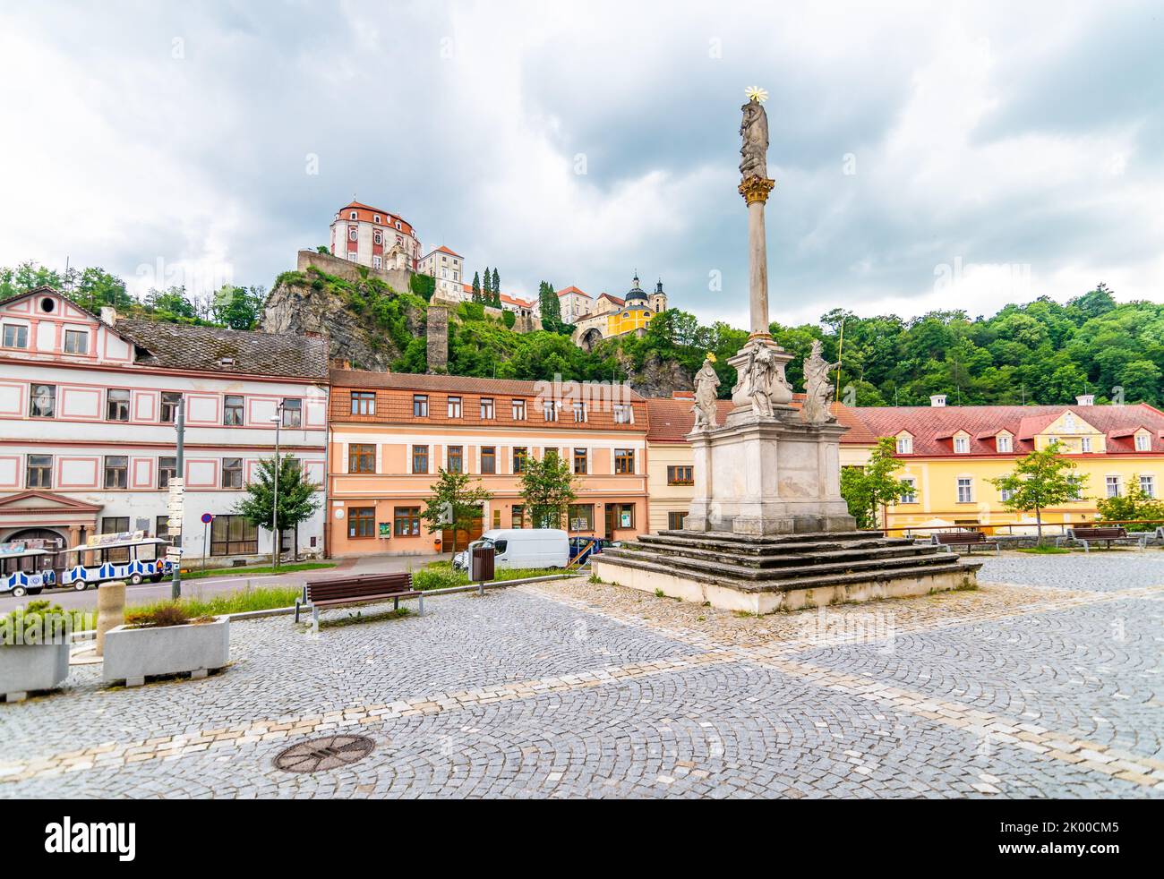 Plague column statue in Vranov village, czech republic. View from main ...