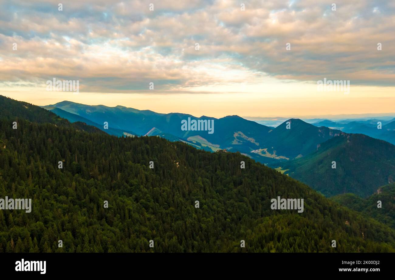 Aerial view to Mala Fatra mountains in Slovakia. Sunrise above mountain ...
