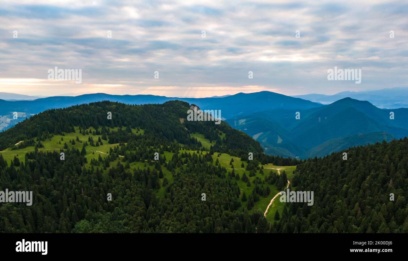 Aerial view to Mala Fatra mountains in Slovakia. Sunrise above mountain ...