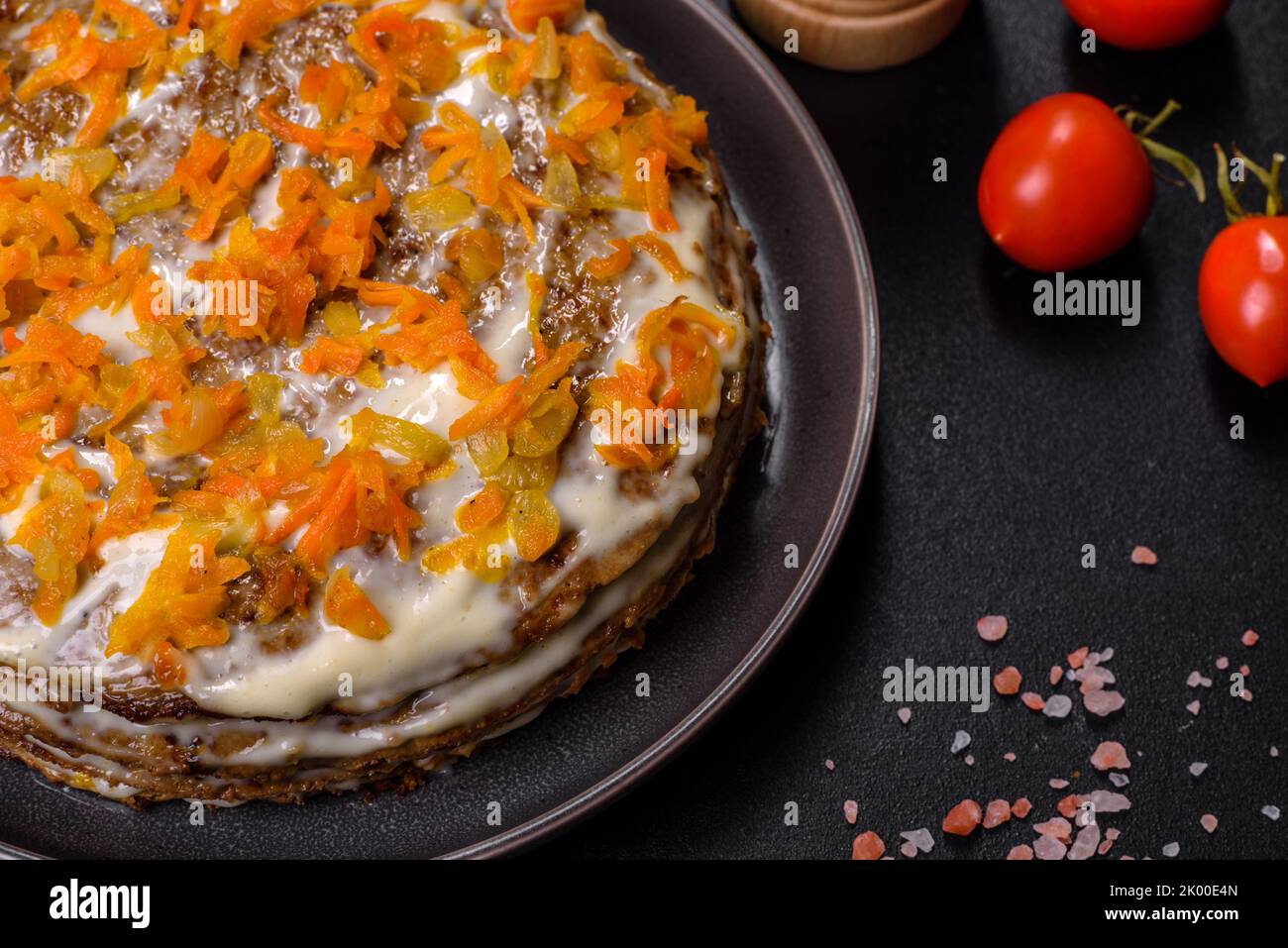 Liver cake with meat and egg, healthy protein food, rustic style Stock ...