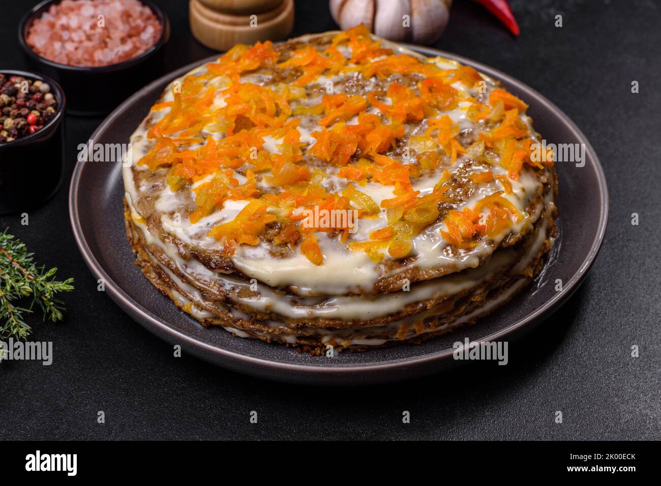 Liver cake with meat and egg, healthy protein food, rustic style Stock ...