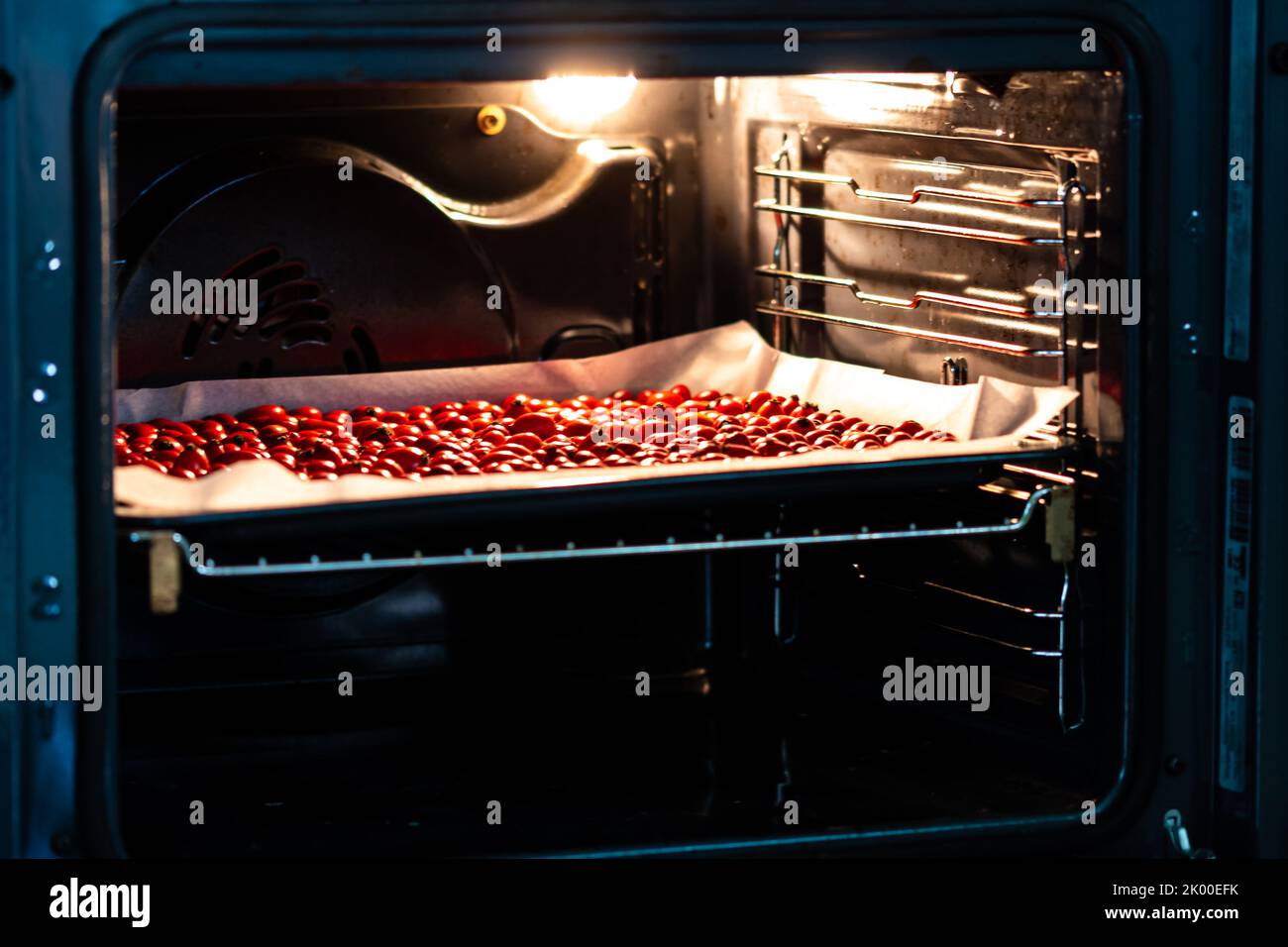 Rose hips (latin name Fructus cynosbati) are drying in oven. Dried rose ...