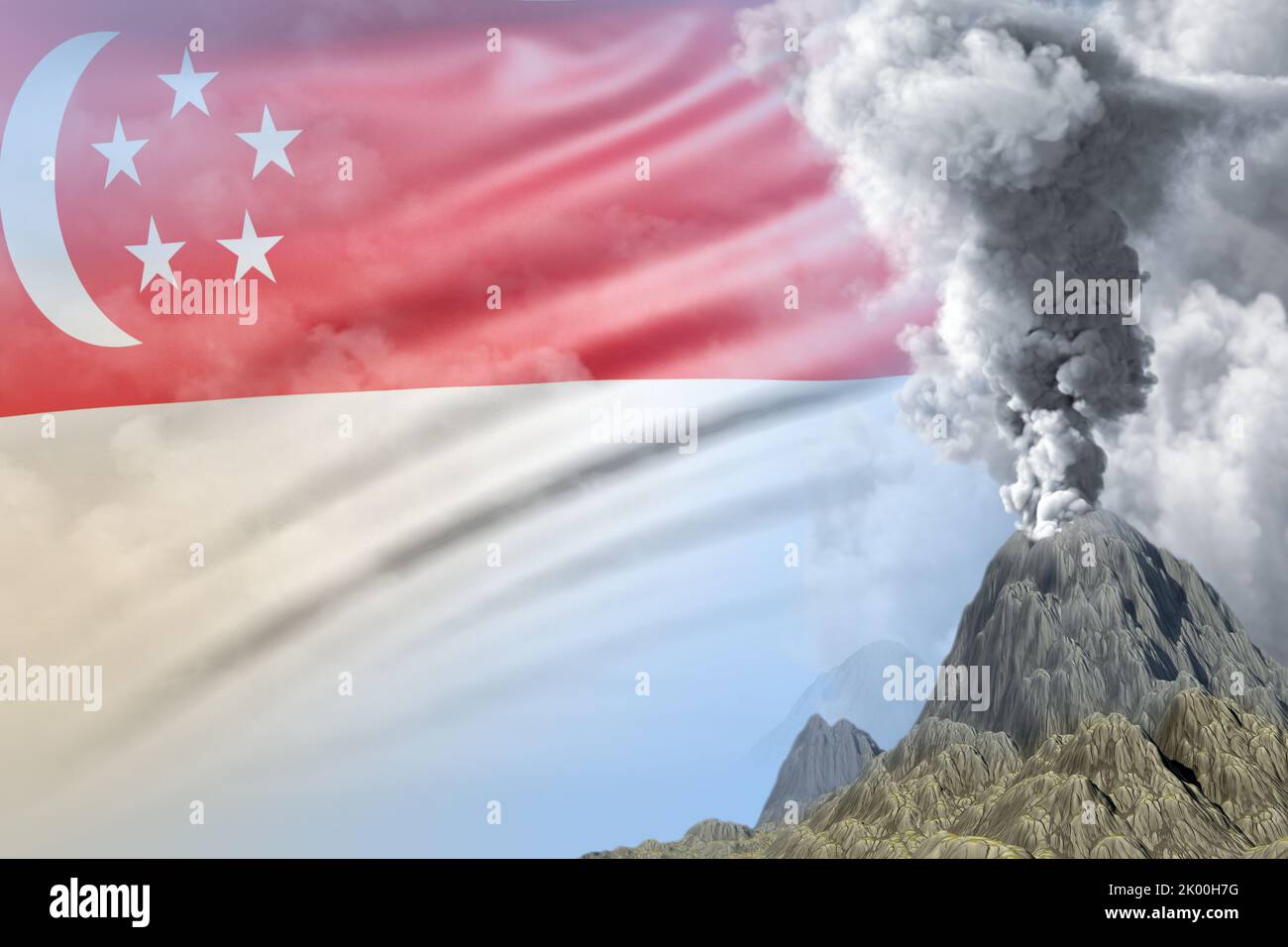 high volcano blast eruption at day time with white smoke on Singapore ...