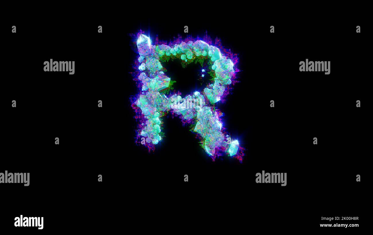 abstract distortion font - blue letter R on black bg, isolated - object ...