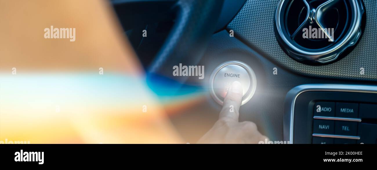 Car start stop system with woman finger pressing - Auto engine start ...