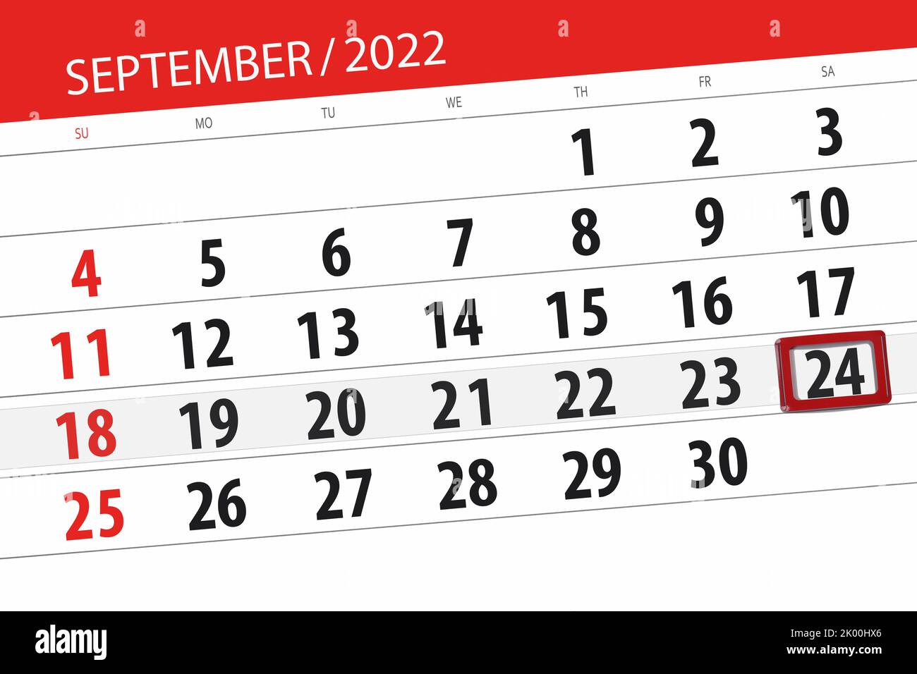Calendar planner for the month september 2022, deadline day, 24 ...