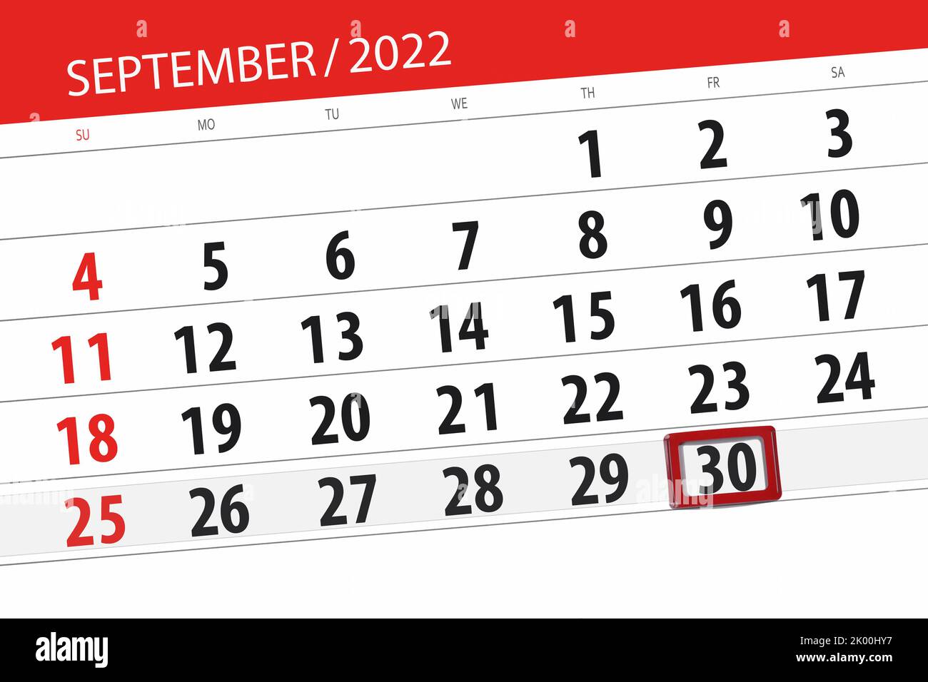 Calendar planner for the month september 2022, deadline day, 30, friday ...