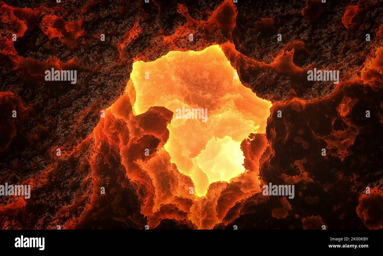 Fantastic volcano cave on fire. 3D rendering Stock Photo - Alamy