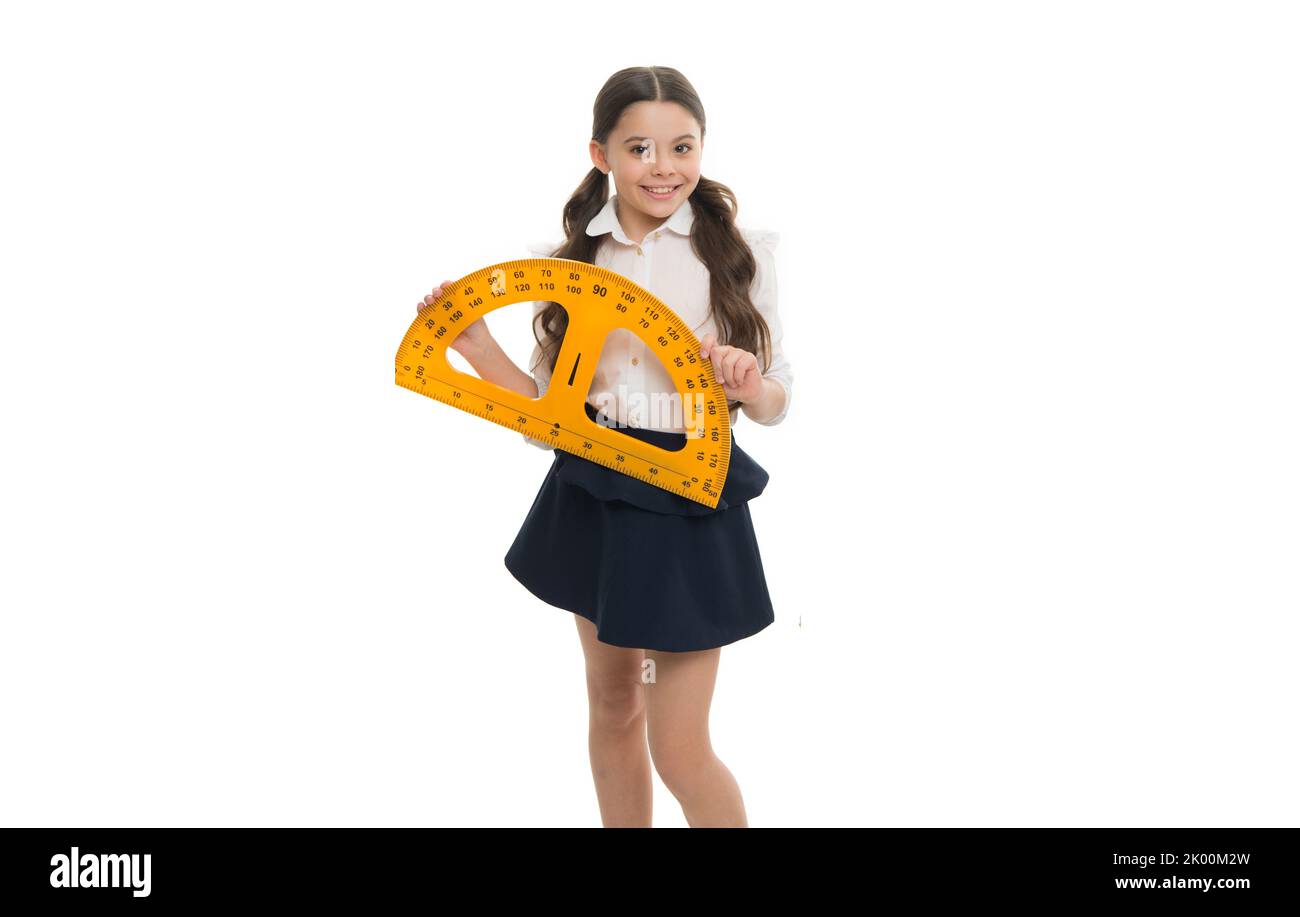 Happy pupil holding big protractor studio isolated on white, school ...