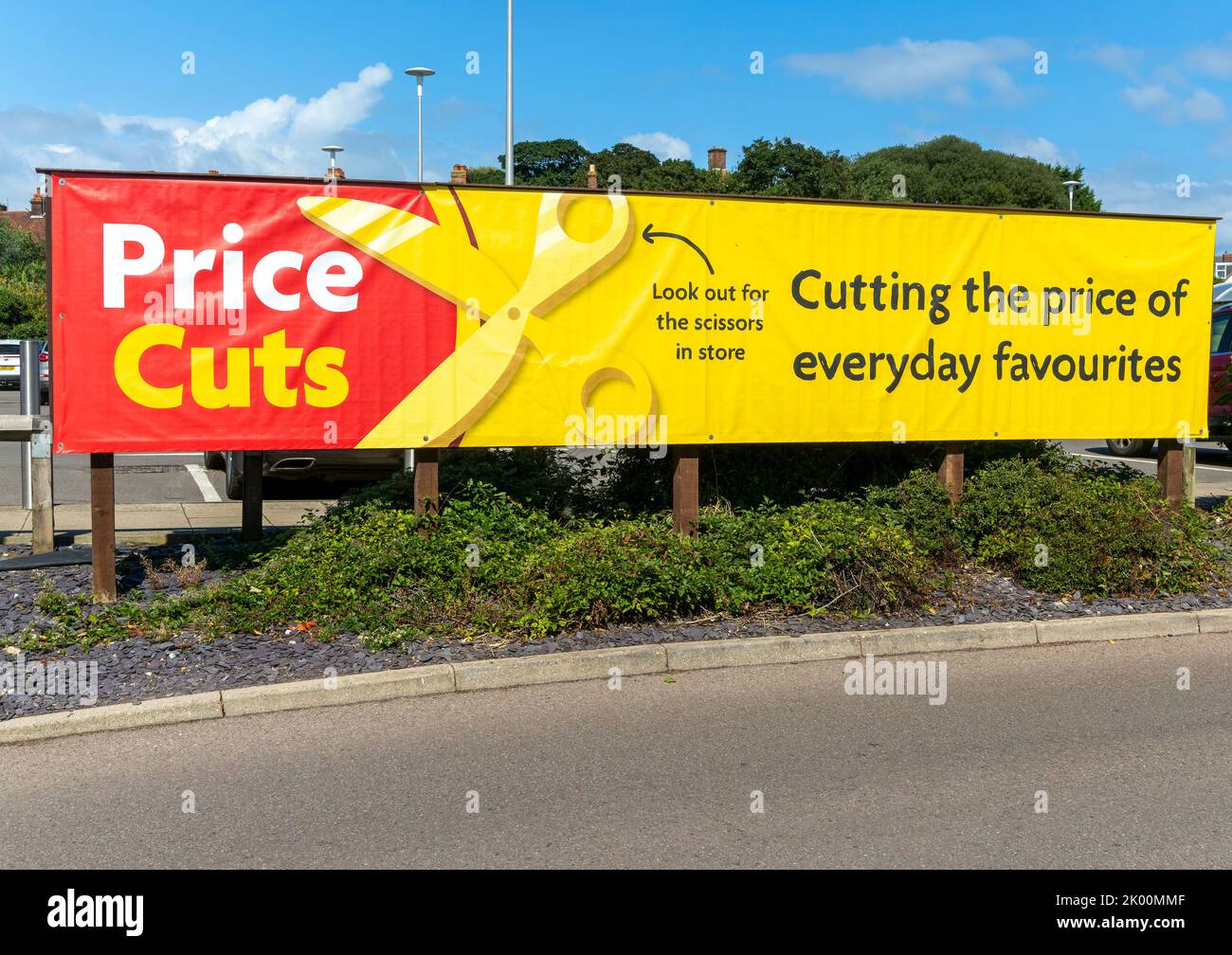 Price Cuts advertising banner sign, Morrisons supermarket, Cromer ...