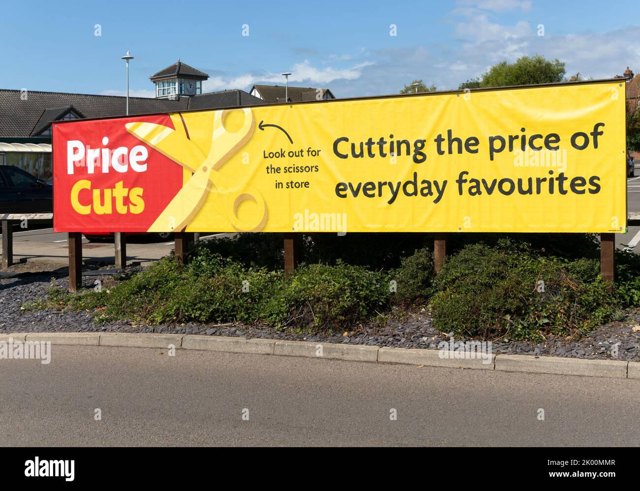 Price Cuts advertising banner sign, Morrisons supermarket, Cromer ...